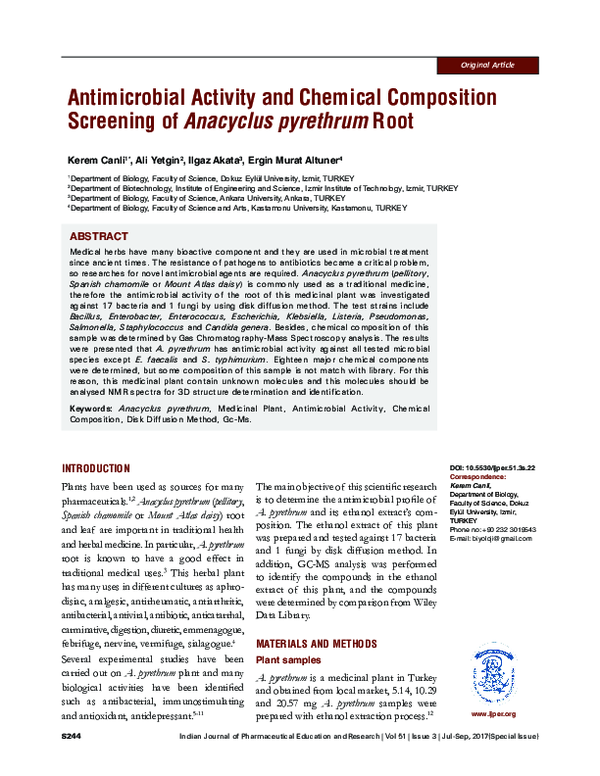 (PDF) Antimicrobial Activity and Chemical Composition Screening of Anacyclus pyrethrum Root