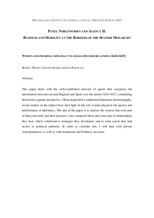 (PDF) Women and informal diplomacy in Anglo-Spanish relations (1624-1635)
