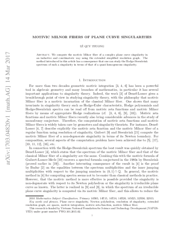 (PDF) Motivic Milnor Fibers of Plane Curve Singularities