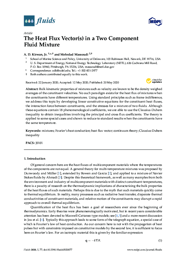 (PDF) The Heat Flux Vector(s) in a Two Component Fluid Mixture