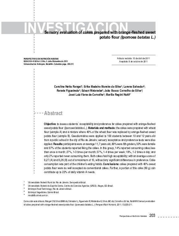 (PDF) Sensory evaluation of cakes prepared with orange-fleshed sweet potato flour (Ipomoea ...