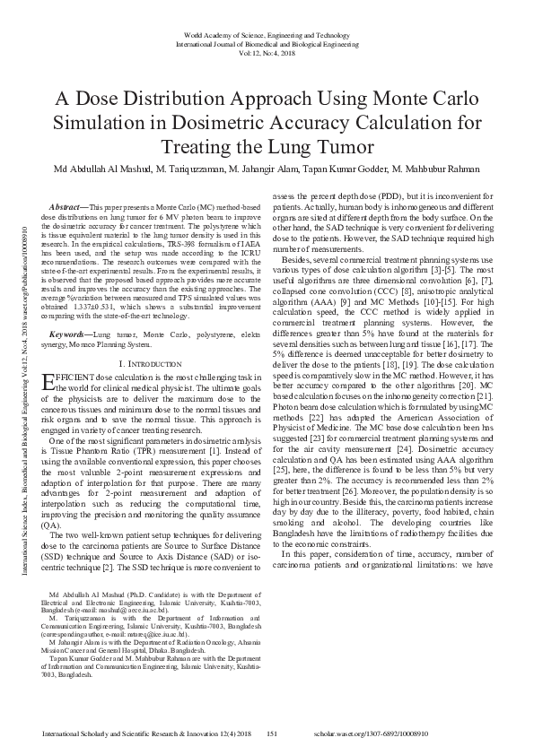 (PDF) A Dose Distribution Approach Using Monte Carlo Simulation in Dosimetric Accuracy ...