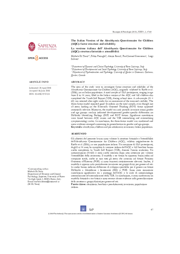 (PDF) The Italian Version of the Alexithymia Questionnaire for Children ...