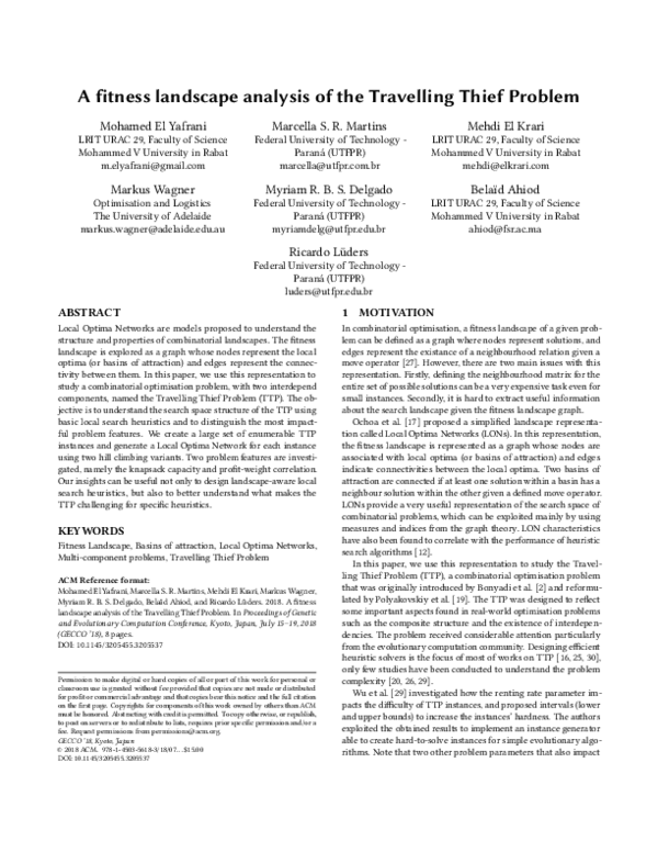 (PDF) A fitness landscape analysis of the travelling thief problem | Ricardo Lüders - Academia.edu
