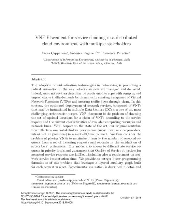 (PDF) VNF placement for service chaining in a distributed cloud environment with multiple ...