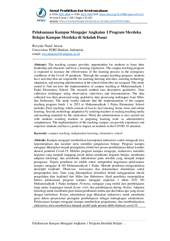 (PDF) Pelaksanaan Kampus Mengajar Angkatan 1 Program Merdeka Belajar ...