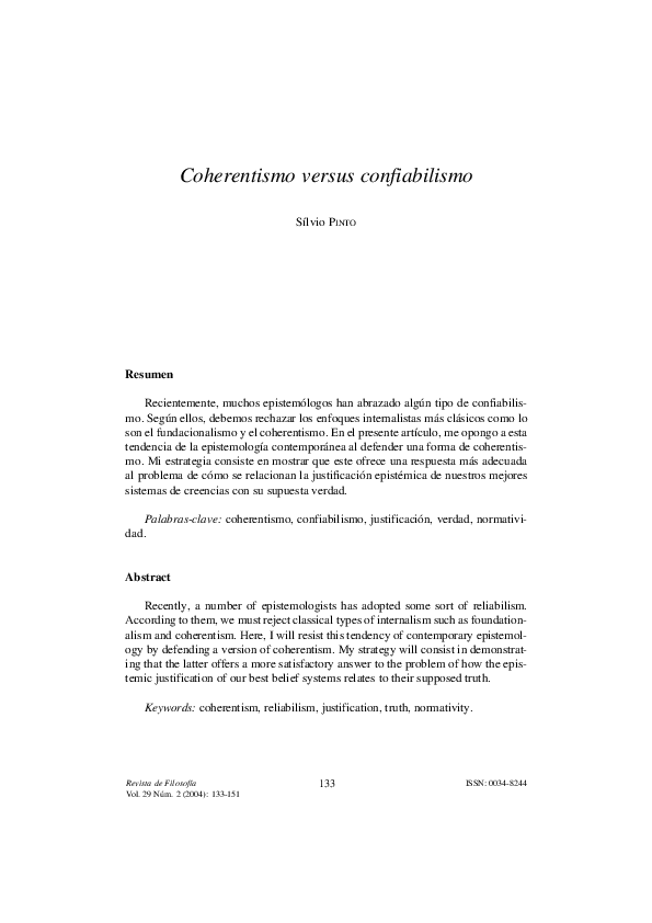(PDF) Coherentismo versus confiabilismo