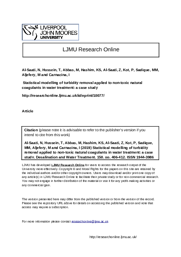 (PDF) Statistical modelling of turbidity removal applied to non-toxic ...