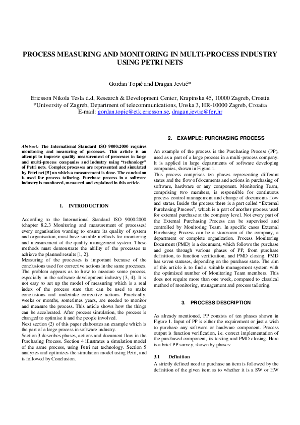 (PDF) Process Measuring and Monitoring in Multi-Process Industry Using Petri Nets