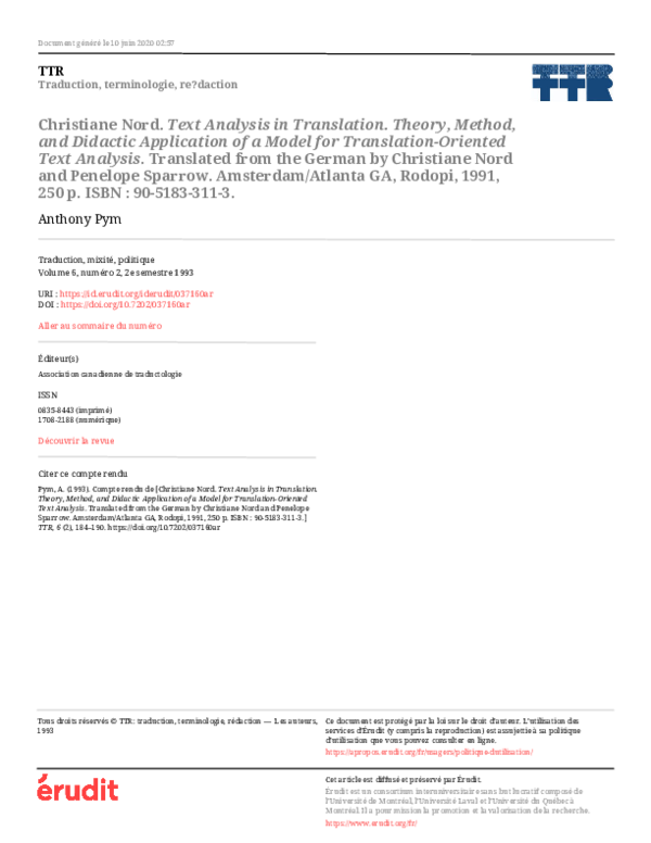 (PDF) Christiane Nord. Text Analysis in Translation. Theory, Method ...