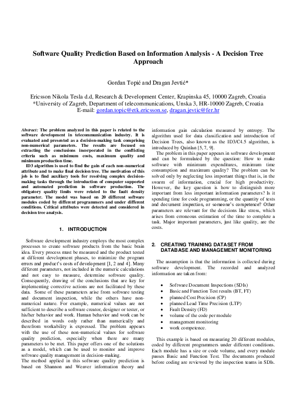 (PDF) Software Quality Prediction Based on Information Analysis - A ...