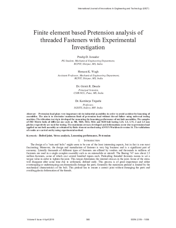 (PDF) Finite element based Pretension analysis of threaded Fasteners with Experimental Investigation