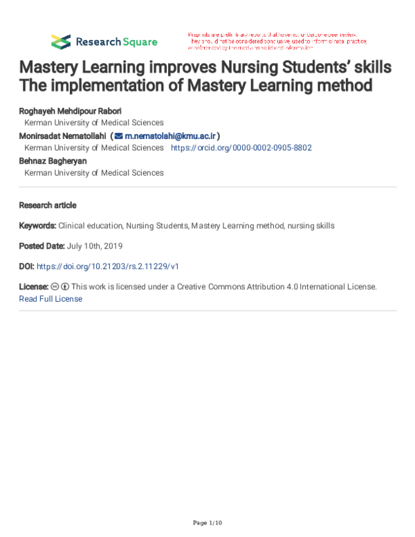(PDF) Mastery Learning improves Nursing Students’ skills The ...