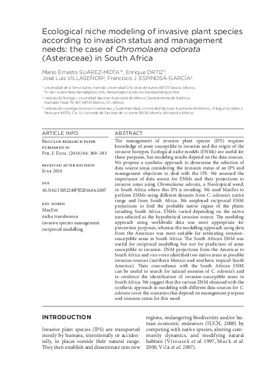 (PDF) Ecological Niche Modeling of Invasive Plant Species According to ...