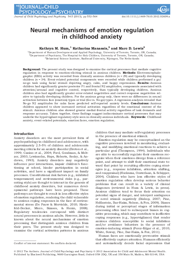 (PDF) Neural mechanisms of emotion regulation in childhood anxiety