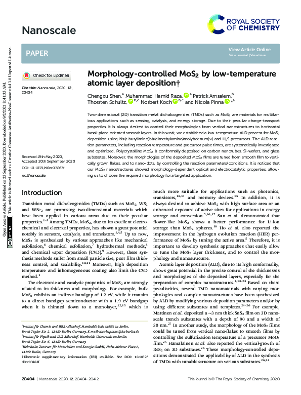 (PDF) Morphology-controlled MoS2 by low-temperature atomic layer deposition