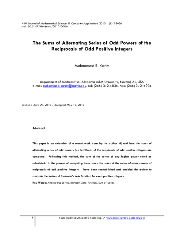 (PDF) The Sums of Alternating Series of Odd Powers of the Reciprocals ...