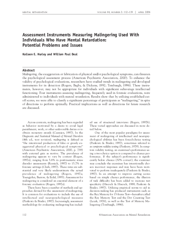 (PDF) Assessment Instruments Measuring Malingering Used With ...