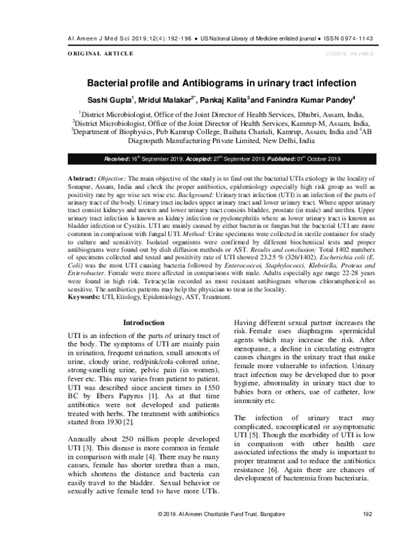 (PDF) Bacterial profile and Antibiograms in urinary tract infection