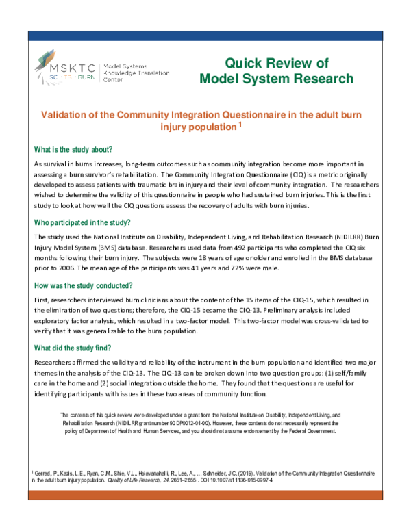 (PDF) Validation of the Community Integration Questionnaire in the ...