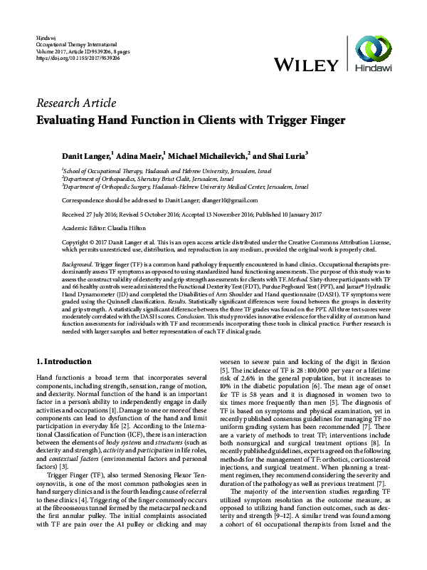 (PDF) Evaluating Hand Function in Clients with Trigger Finger