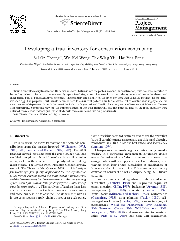 (PDF) Developing a trust inventory for construction contracting