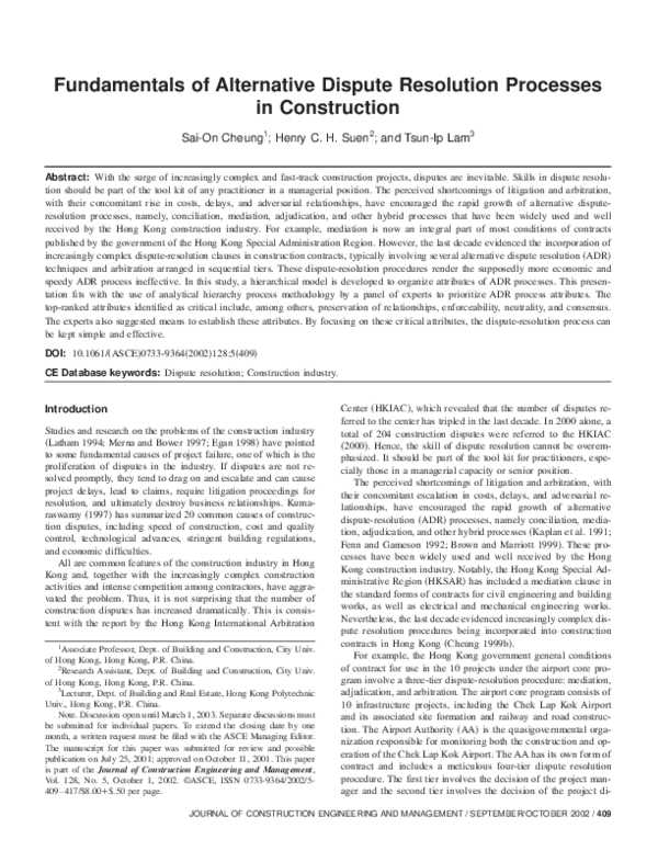 (PDF) Fundamentals of Alternative Dispute Resolution Processes in Construction