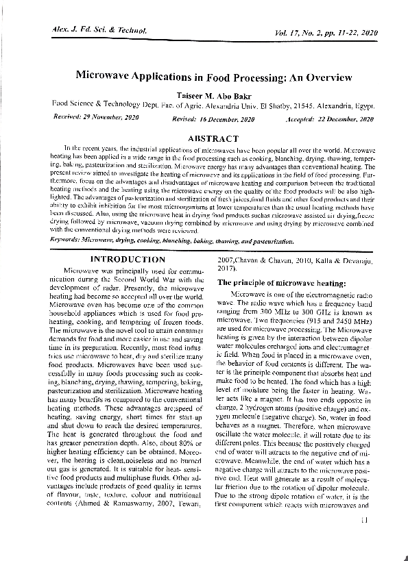 (PDF) Microwave Applications in Food Processing: An Overview