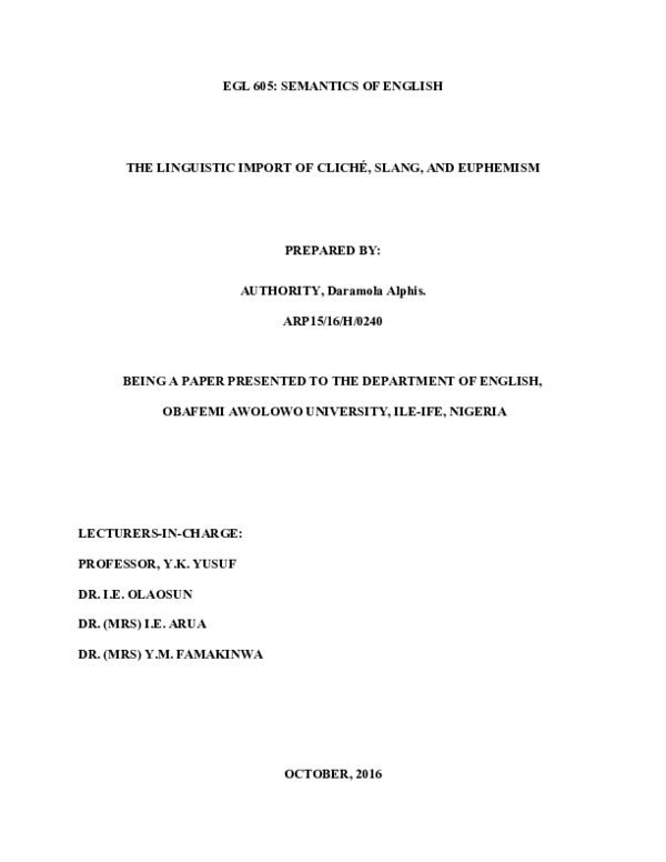 (DOC) THE LINGUISTIC IMPORT OF CLICHÉ, SLANG, AND EUPHEMISM