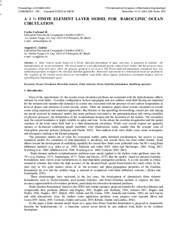 (PDF) A 1 1⁄2 Finite Element Layer Model for Baroclinic Ocean Circulation