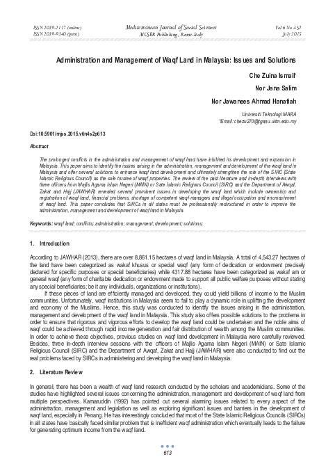 (PDF) Administration and Management of Waqf Land in Malaysia: Issues and Solutions