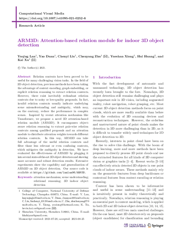 (PDF) ARM3D: Attention-based relation module for indoor 3D object detection
