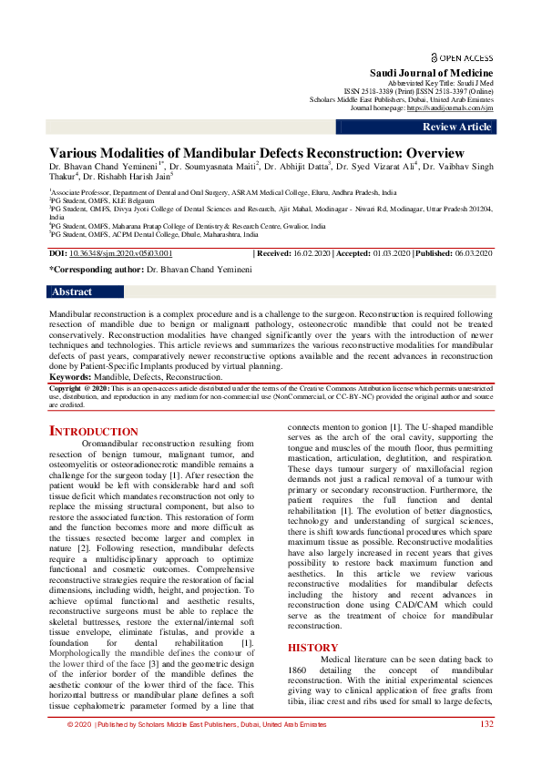 (PDF) Various Modalities of Mandibular Defects Reconstruction: Overview