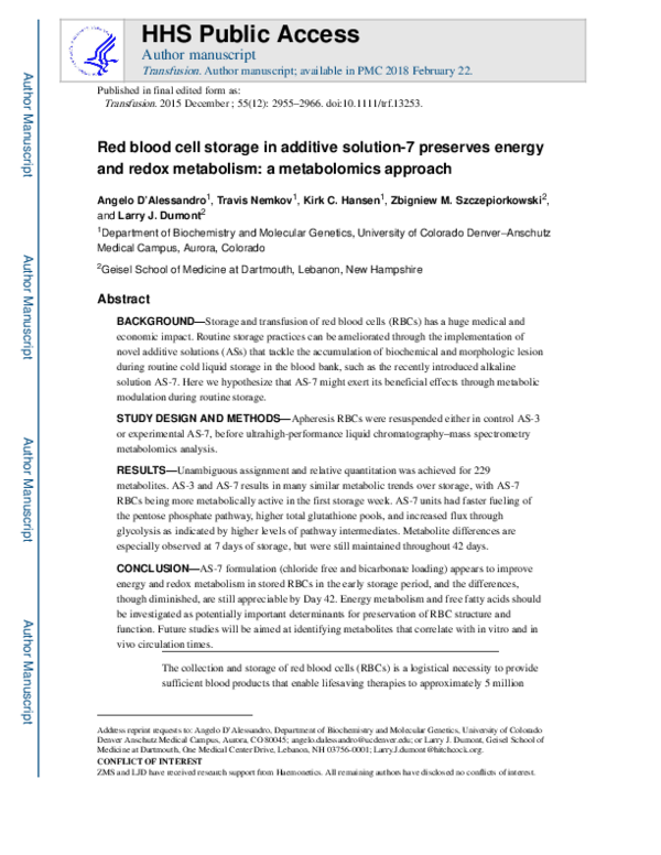 (PDF) Red blood cell storage in additive solution-7 preserves energy ...