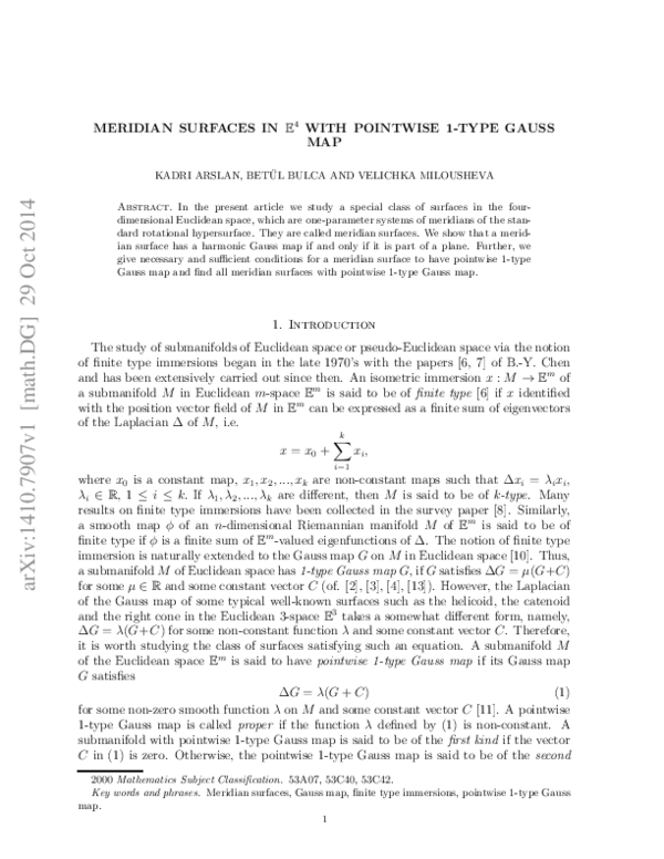 (PDF) Vranceanu Surface in e 4 with Pointwise 1- Type Gauss Map