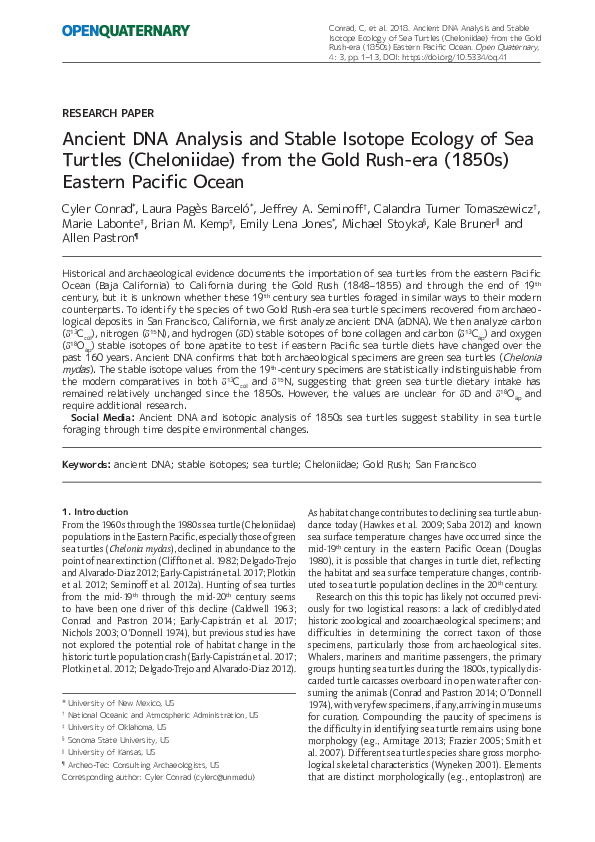 Ancient DNA Analysis and Stable Isotope Ecology of Sea Turtles ...