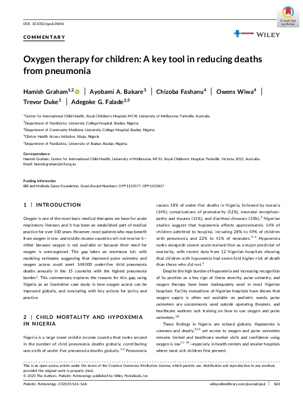 (PDF) Oxygen therapy for children: A key tool in reducing deaths from ...