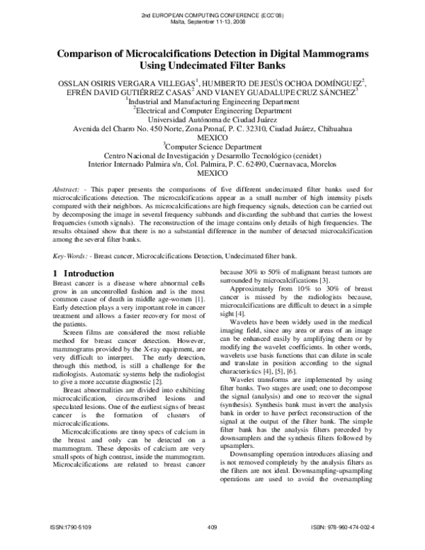 Pdf Comparison Of Microcalcifications Detection In Digital Mammograms Using Undecimated Filter