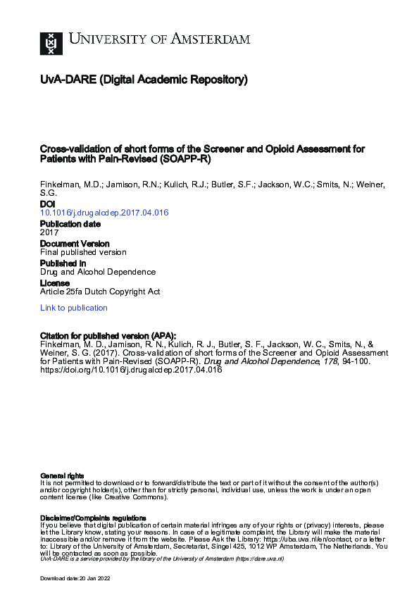 Cross-validation of short forms of the Screener and Opioid Assessment ...