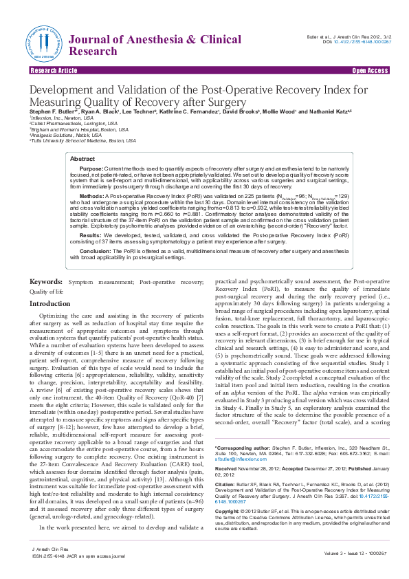 (PDF) Development and Validation of the Post-Operative Recovery Index for Measuring Quality of ...