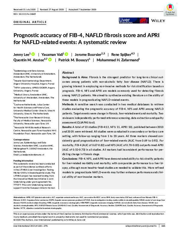 (PDF) Prognostic accuracy of FIB‐4, NAFLD fibrosis score and APRI for NAFLD‐related events: A ...