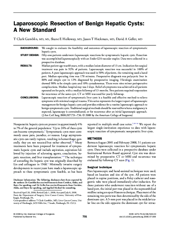 (PDF) Laparoscopic Resection of Benign Hepatic Cysts: A New Standard