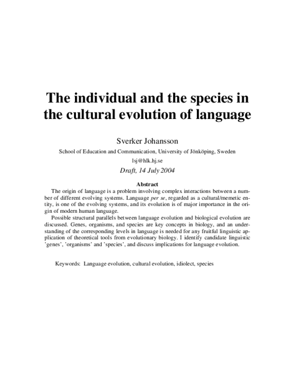 (PDF) The individual and the species in the cultural evolution of language