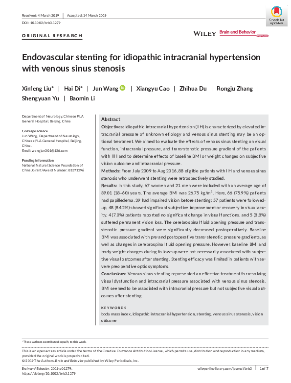 (PDF) Endovascular stenting for idiopathic intracranial hypertension ...