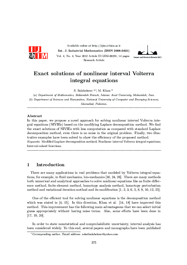 Pdf Exact Solutions Of Nonlinear Interval Volterra Integral Equations