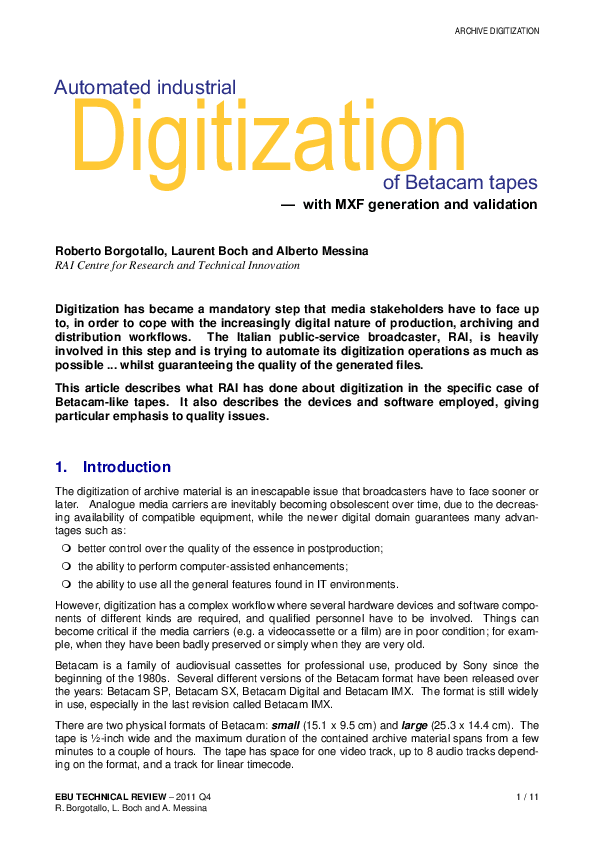 (PDF) ARCHIVE DIGITIZATION Automated industrial Digitization of Betacam ...