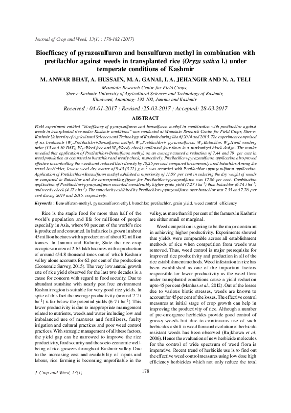 (PDF) Bioefficacy of pyrazosulfuron and bensulfuron methyl in ...