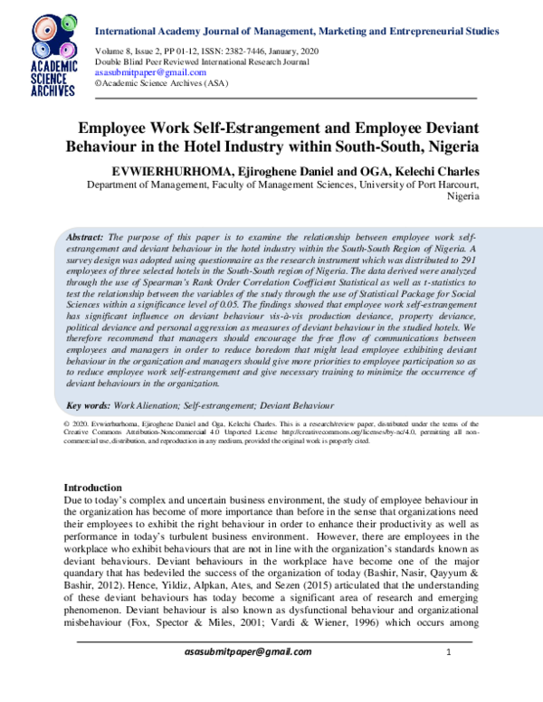 (PDF) Employee Work Self-Estrangement and Employee Deviant Behaviour in ...