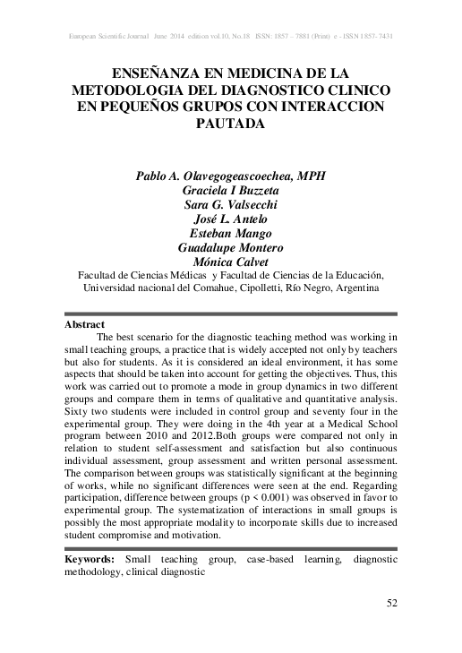 (PDF) Enseñanza en Medicina De La Metodologia Del Diagnostico Clinico en Pequeños Grupos Con ...