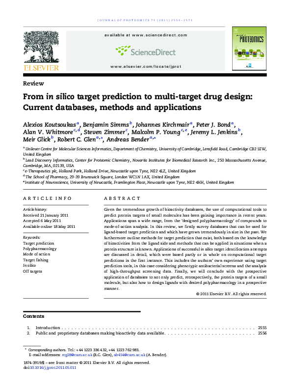 Pdf From In Silico Target Prediction To Multi Target Drug Design Current Databases Methods